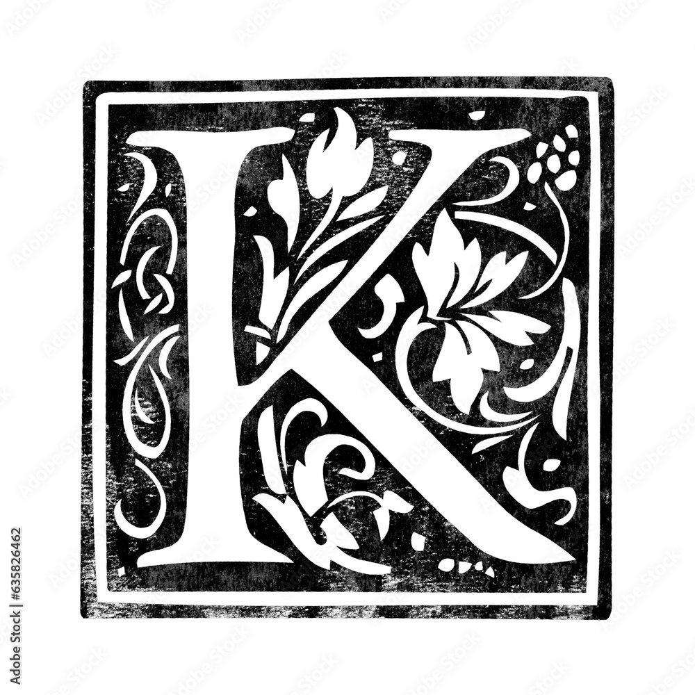Letter ‘K’ vintage initial drop cap stamp with distressed texture ...