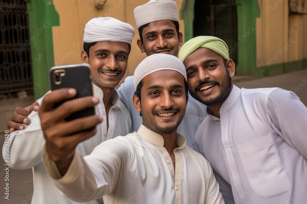 A group of four young men wearing traditional Indian clothing ...