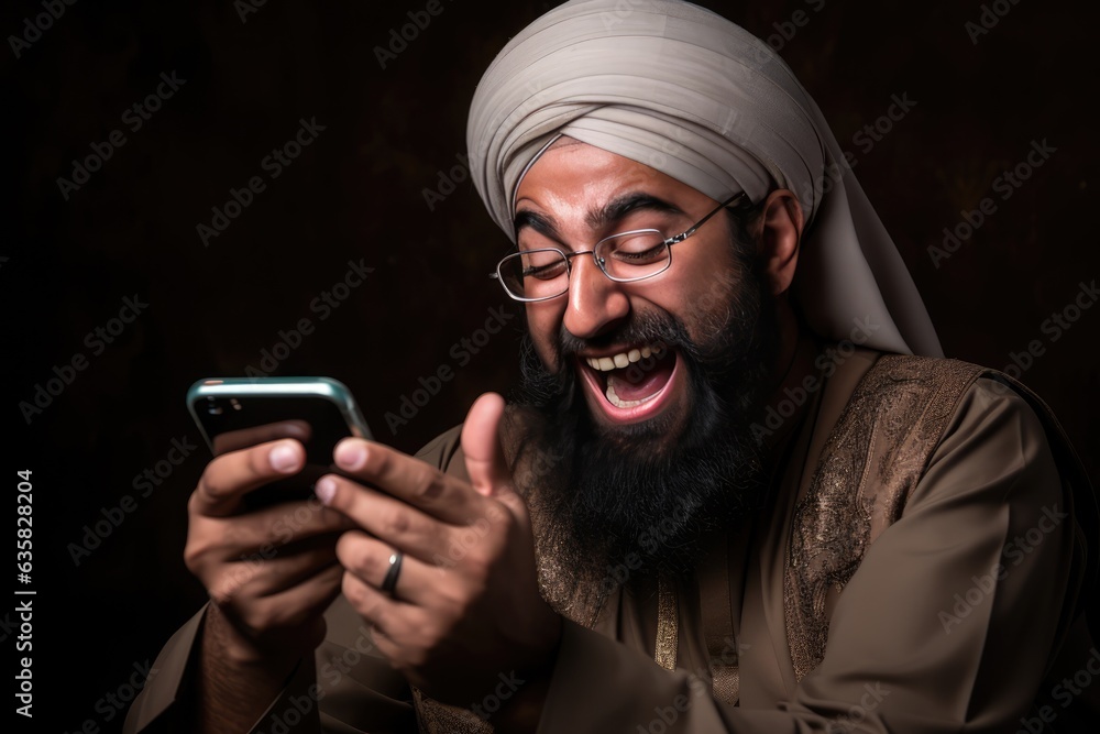 The Joker Laughing At His Phone A Funny Image Of A Man In A Turban With His Mouth Wide Open