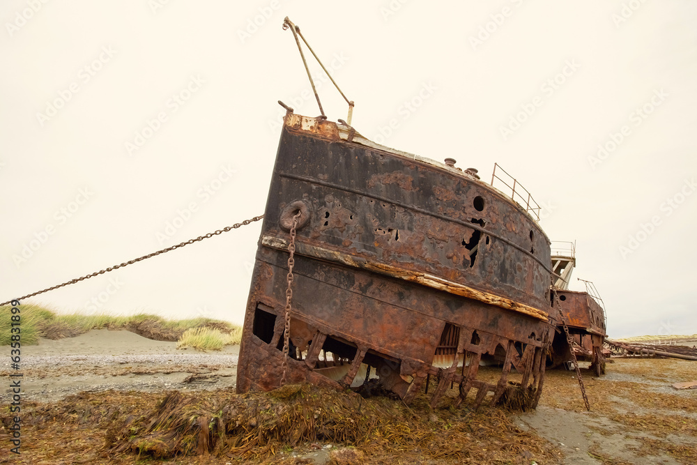Shipwreck called Amadeo on the coast of Magellan Strait, rusty warship ...