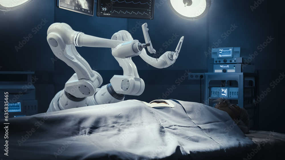 Modern Hospital: Surgery Patient Laying On Surgical Table While Robot ...