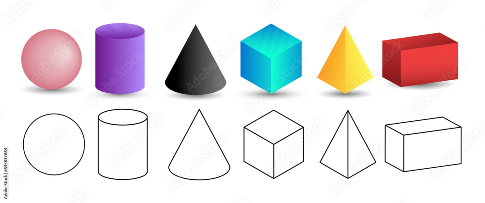 Set of 3d geometric shapes. Isometric views of sphere, cylinder, cone ...