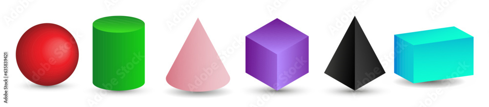 Set of 3d geometric shapes. Isometric views of sphere, cylinder, cone ...