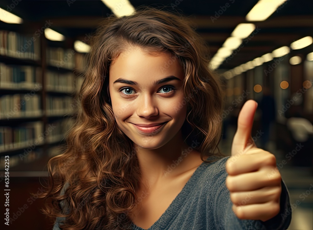 Attractive student girl standing in library showing thumbs up, enjoy ...