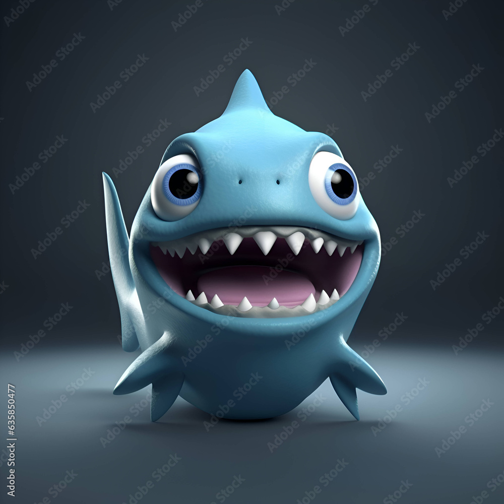 Cartoon fish with teeth on dark background. 3D illustration. Stock ...