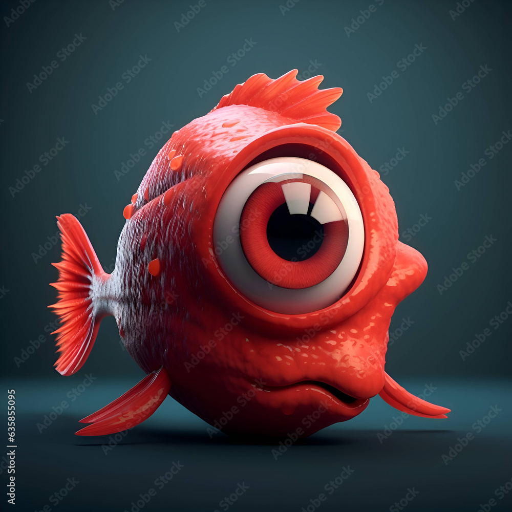 Cartoon fish with big eyes on dark background. 3d illustration Stock ...