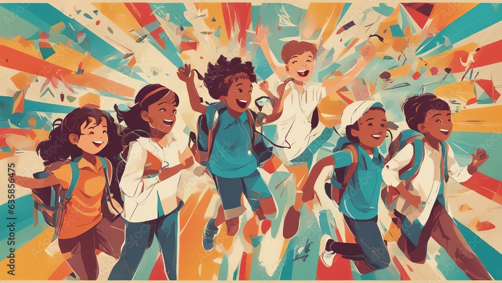 school children on a colorful paper wall background. Children with ...