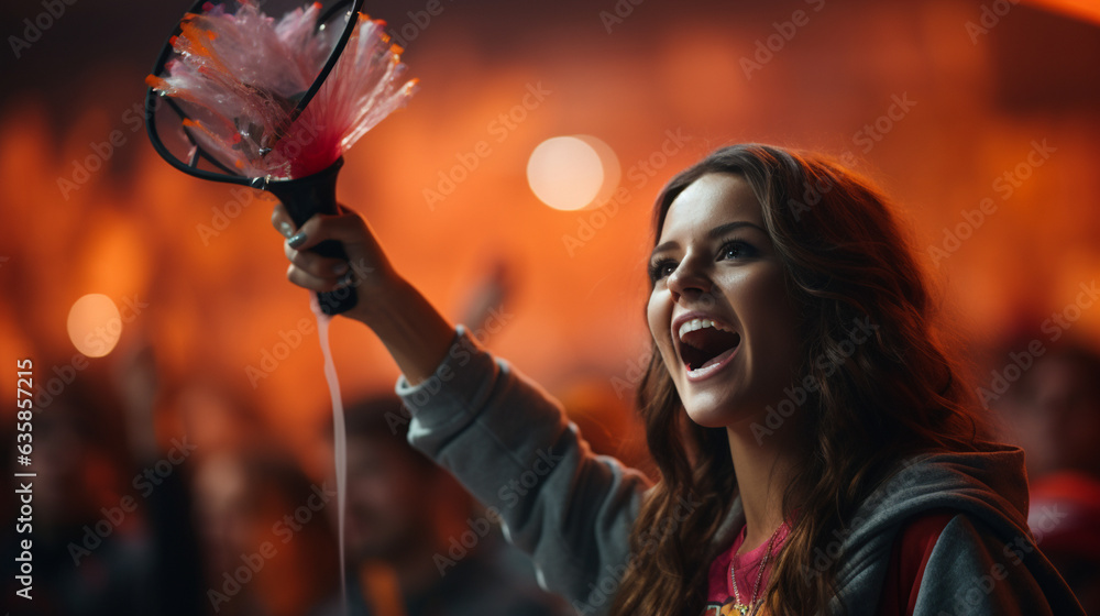 A close-up of a female fan blowing a vuvuzela and waving a foam finger ...