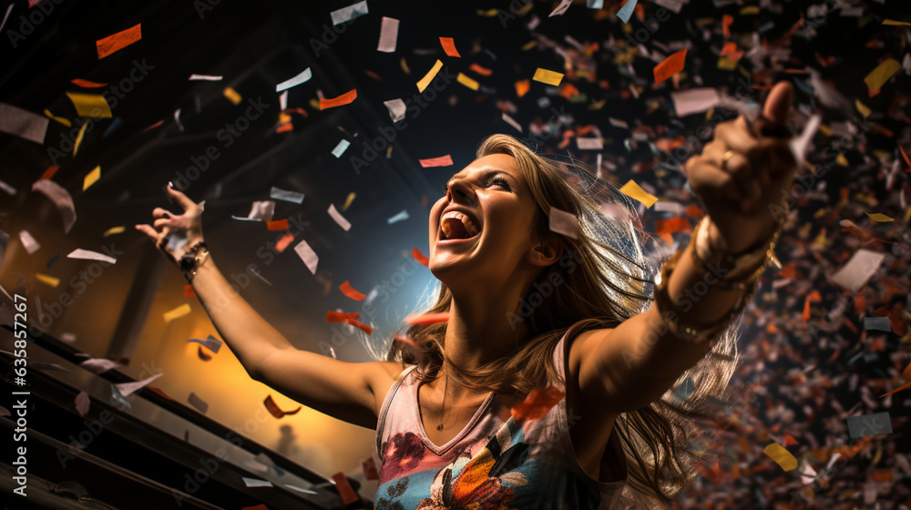 An image of a female fan dancing amidst confetti, joining in the ...