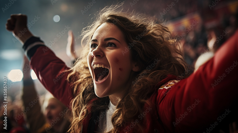 A close-up of a female hockey fan jumping with arms raised in elation ...
