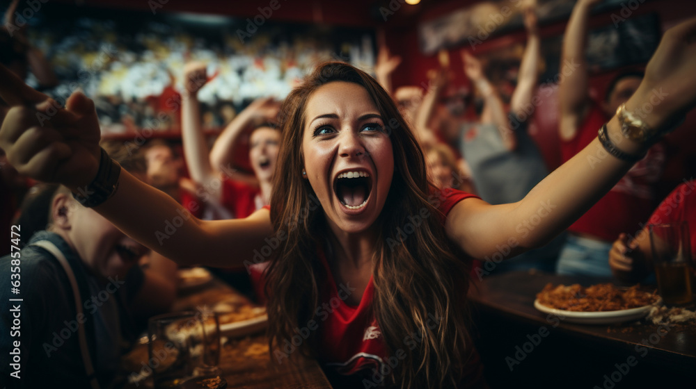 An image of a female fan jumping and celebrating with a group of fellow ...