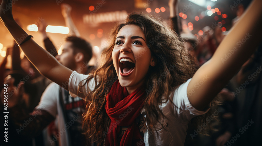 An image of a female fan jumping and celebrating with a group of fellow ...