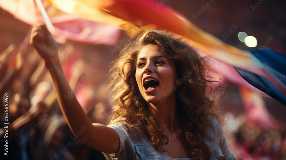 A close-up of a female fan blowing a whistle and waving a flag ...