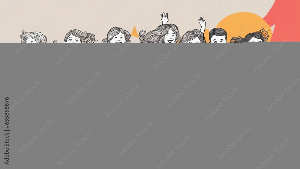 school children on a colorful paper wall background. Children with ...