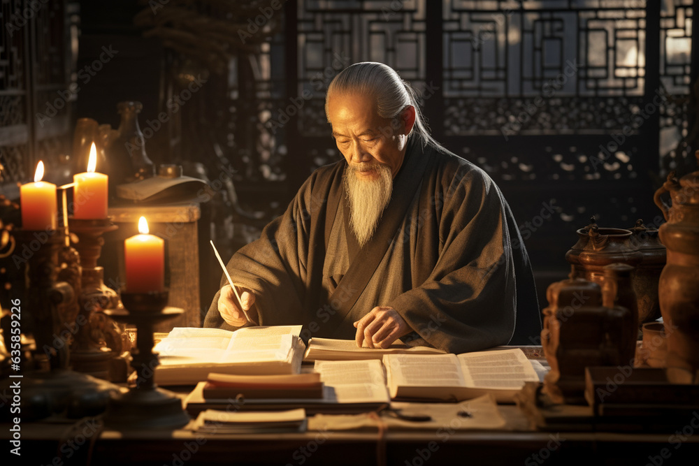 Ancient library scene, old Chinese monk studying scriptures by ...