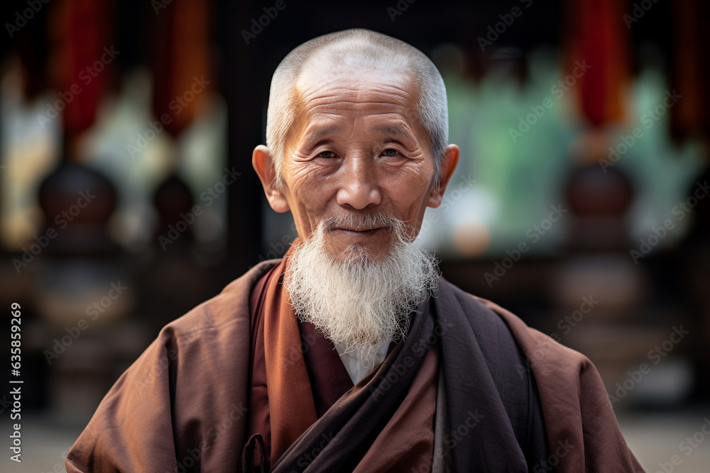 Serene portrait of an old Chinese monk against a temple backdrop, old ...