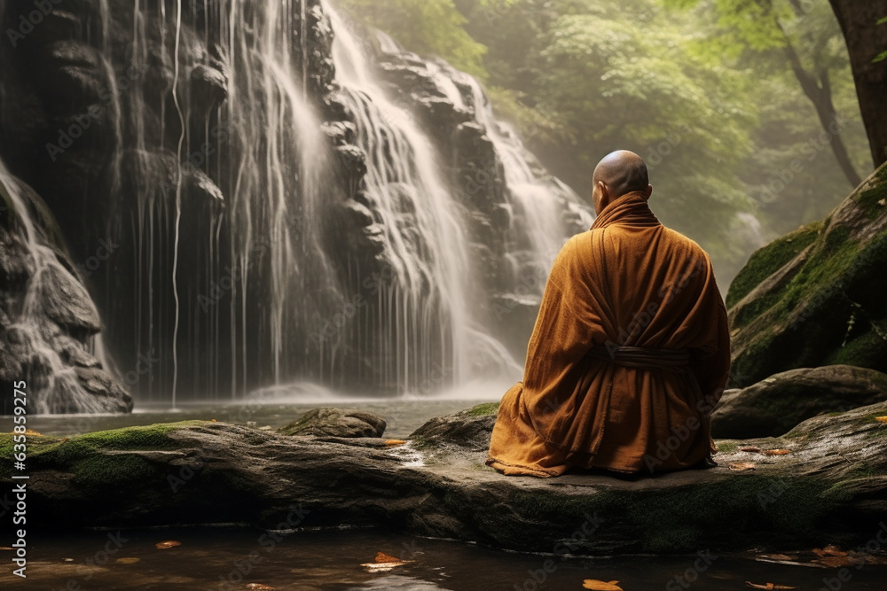 Old Chinese monk in a quiet moment, gazing at a waterfall's flowing ...