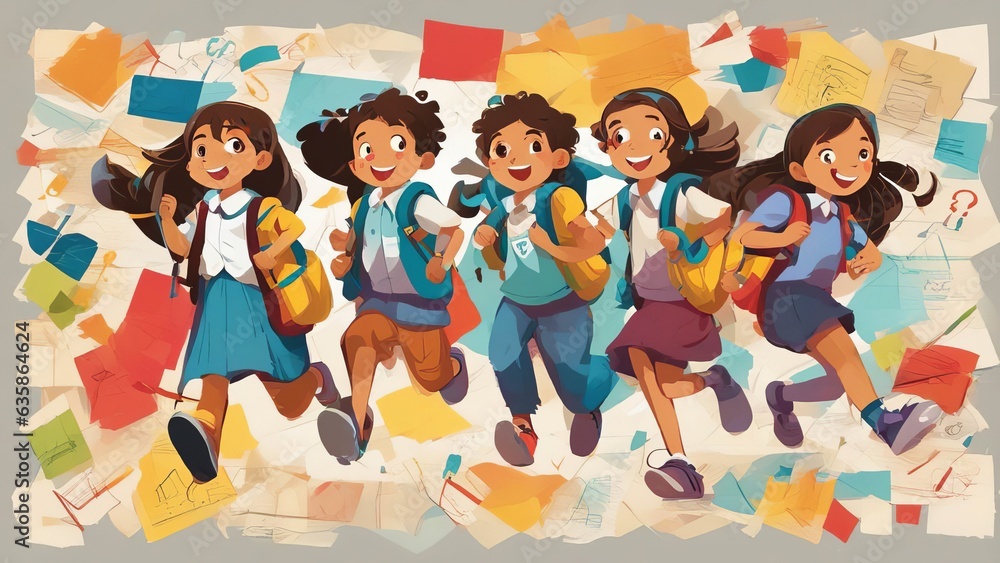 school children on a colorful paper wall background. Children with ...