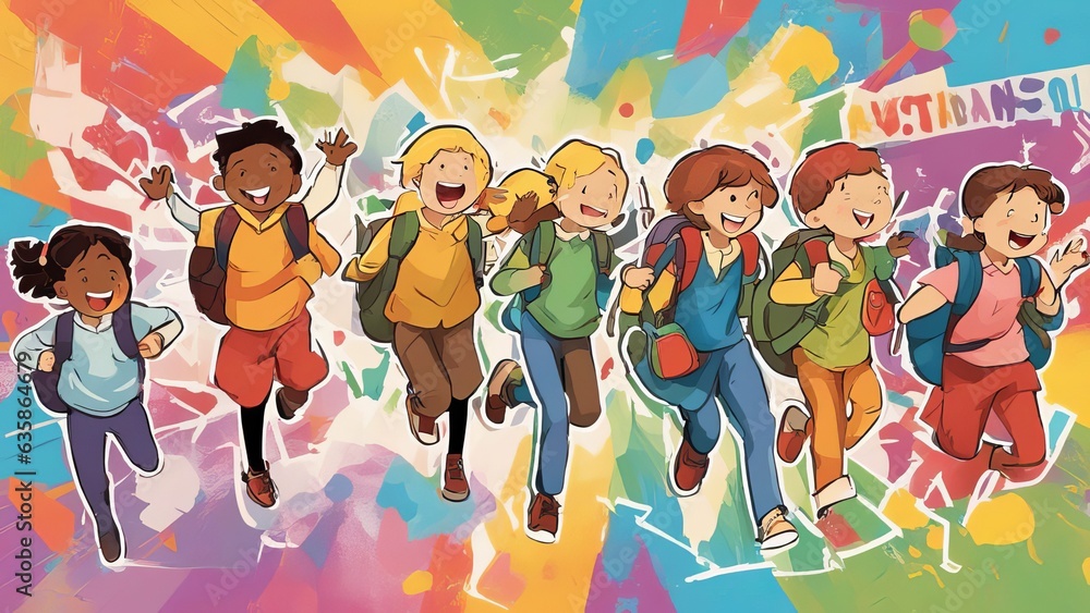 school children on a colorful paper wall background. Children with ...