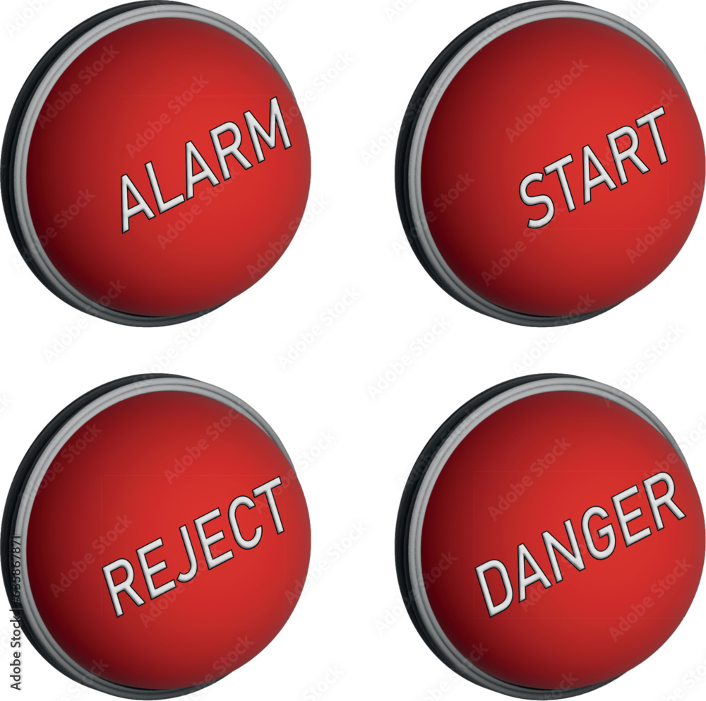 Set of red 3d buttons with words. Collection of warning metallic ...