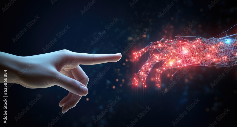 hand reaching toward a glowing artificial intelligence icon, in the ...