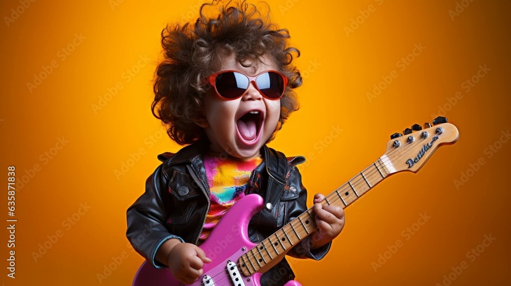 Baby rockstar musician with guitar Stock Photo | Adobe Stock
