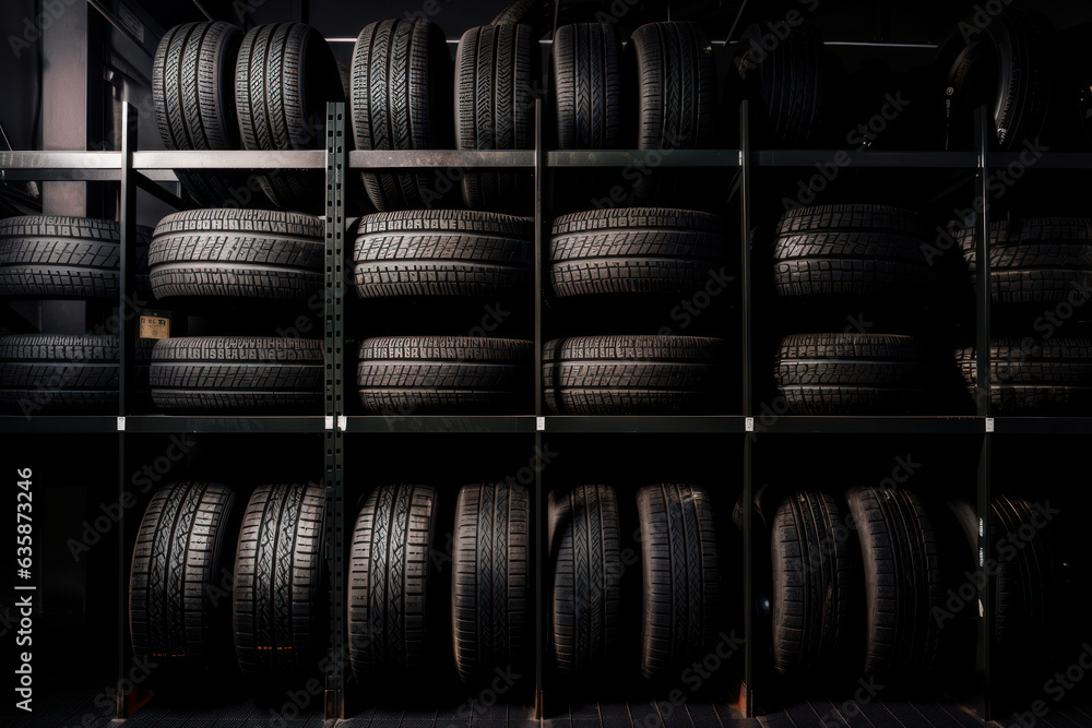 In a well-organized tire warehouse, rows of black rubber tires are stacked neatly on shelves ...