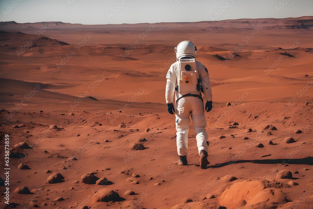 Rear view of astronaut in spacesuit walking on the surface of a red ...