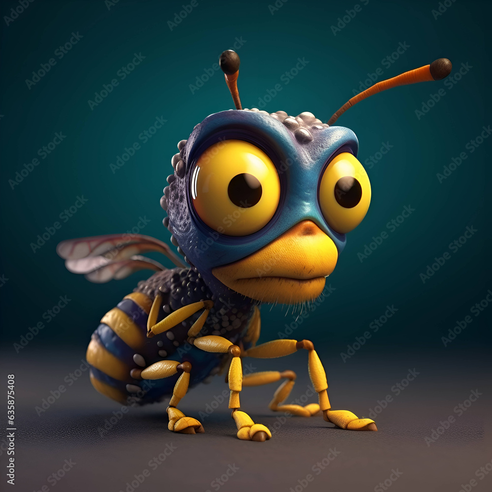 Cartoon bee with big eyes on dark blue background. 3d illustration ...