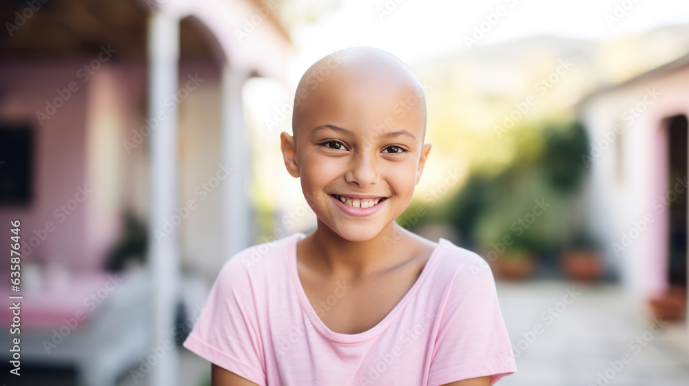 Little girl cancer patient smiling on blurred background. Created with ...