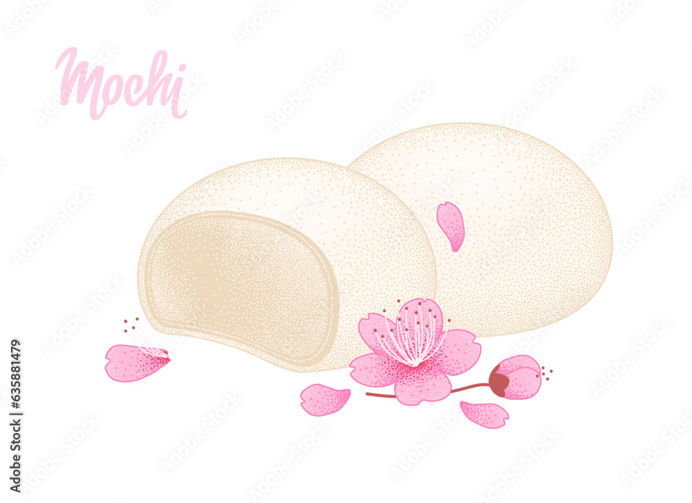 Mochi ice cream on white background with sakura flower and petals. Japanese traditional sweet ...
