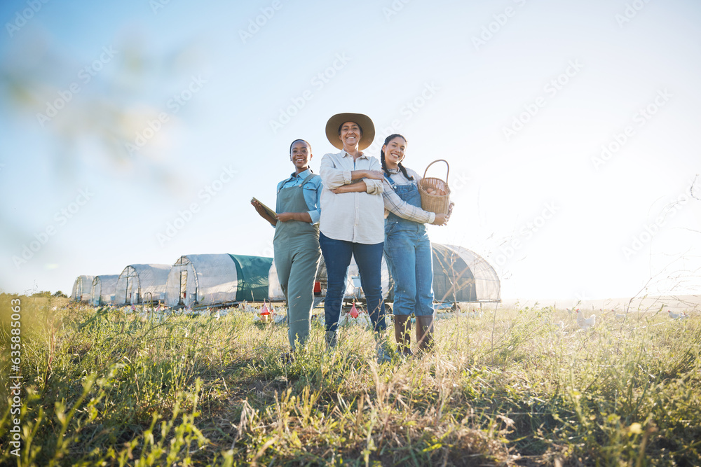 Farmer team, women and together on a farm for inspection, production ...