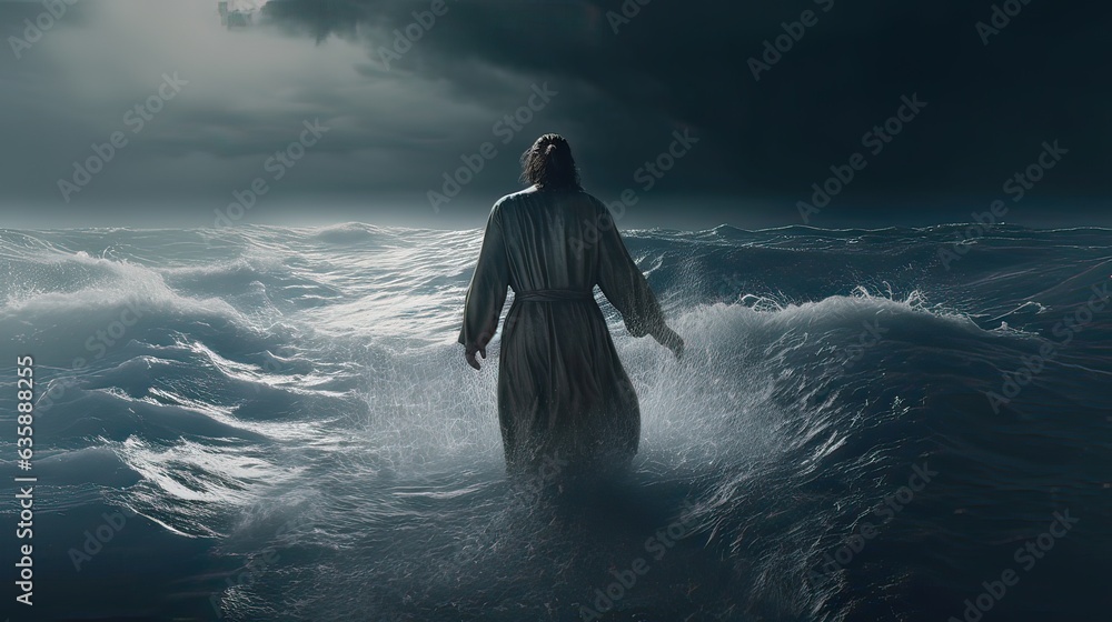 Jesus Christ walking on water. Thunderstorm with huge waves Stock ...