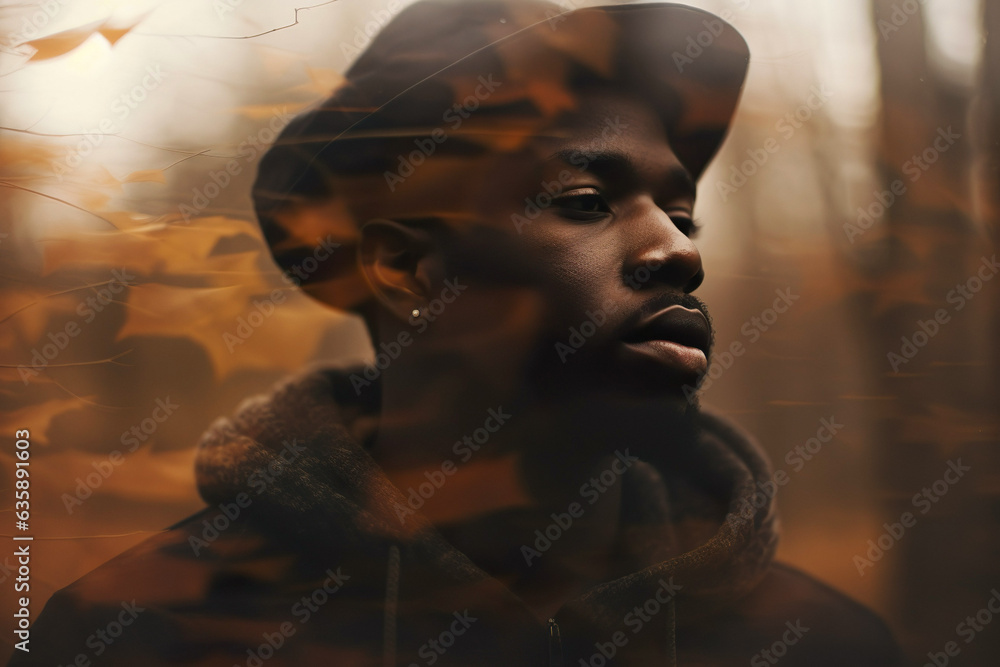 A melancholic portrait of a young black man. The autumn forest and dark ...
