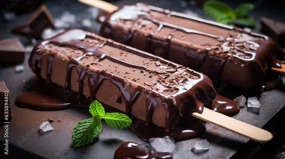 Milk chocolate popsicles with hazelnuts. Ice cream popsicles covered ...