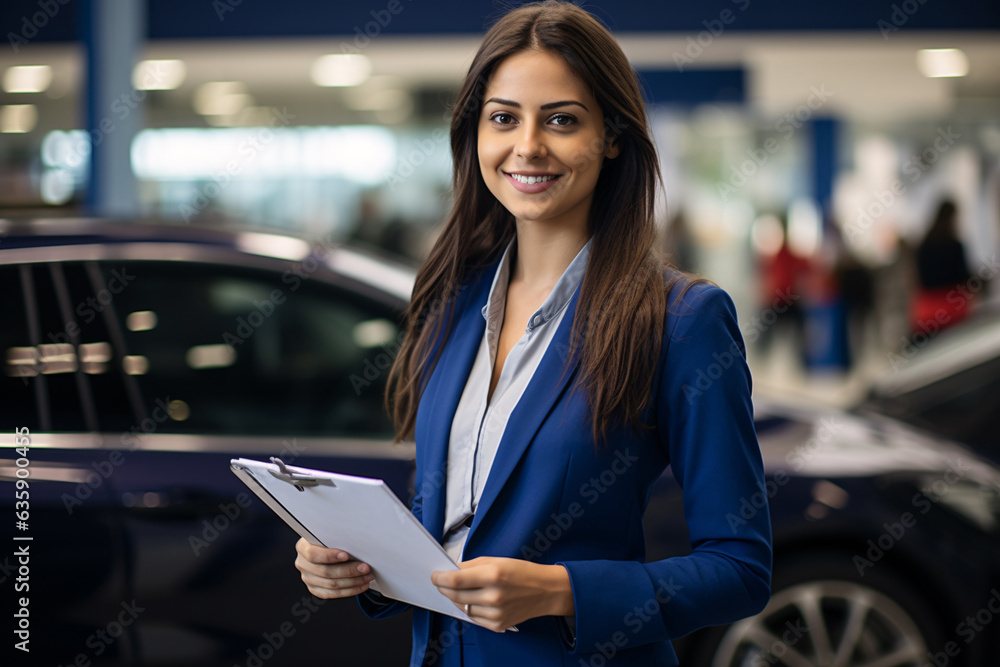 Professional luxury car saleswoman in luxury showroom. Auto dealership ...