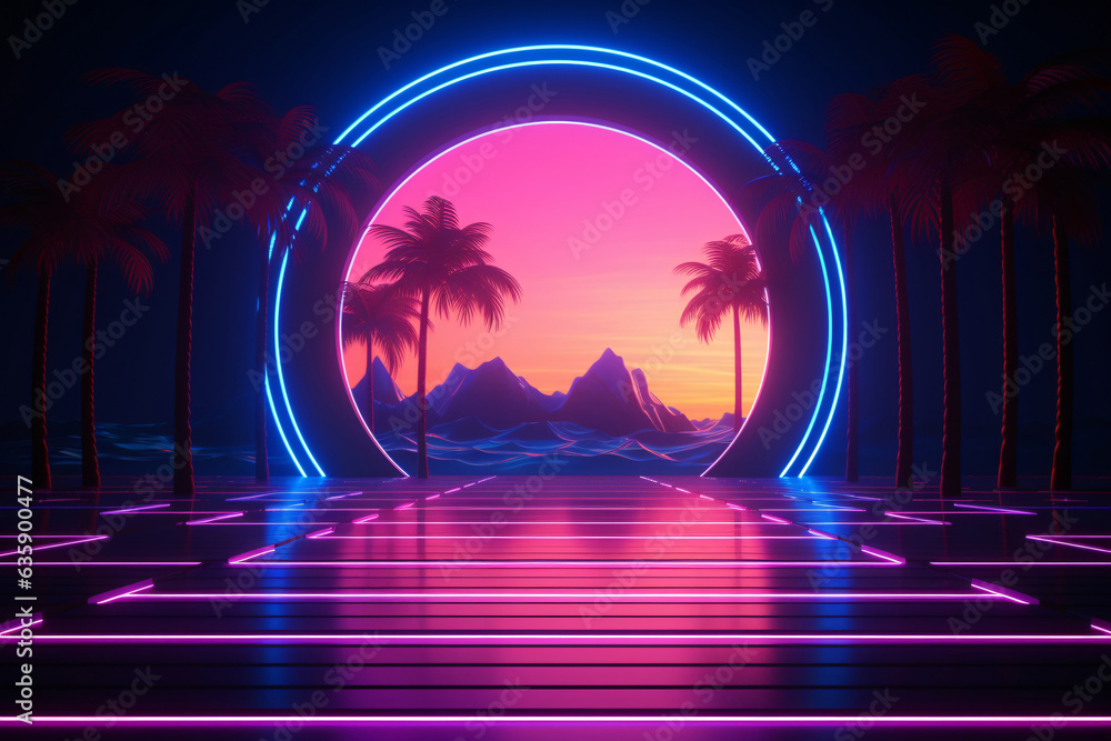 Neon light abstract background. Neon glowing lights stage with 80s ...