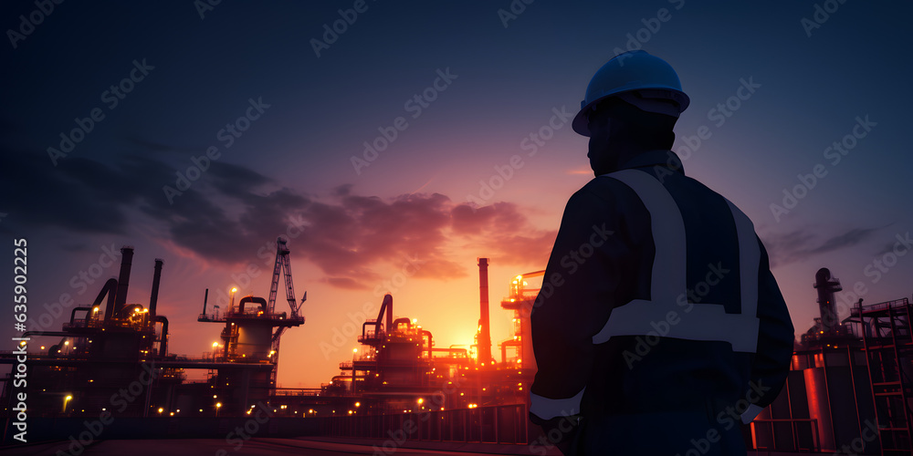 Petrochemical engineer wearing safety uniform and helmet at oil ...