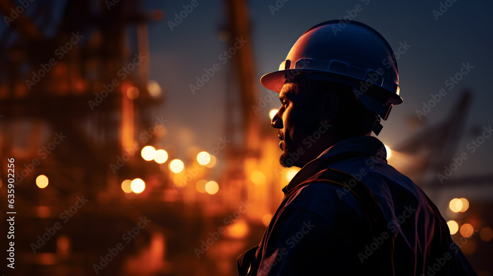 Petrochemical engineer wearing safety uniform and helmet at oil ...