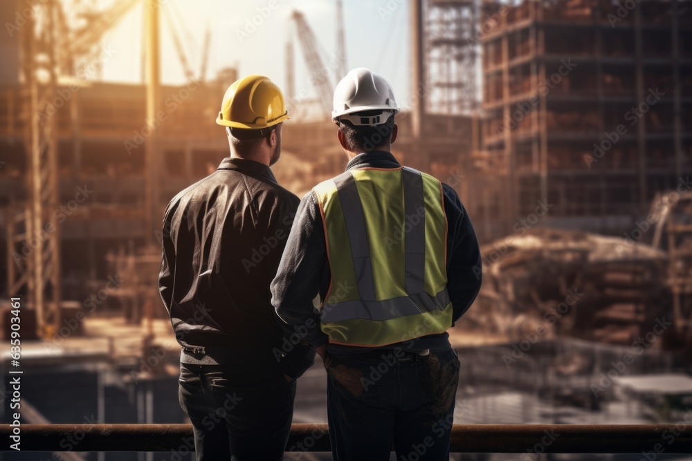 Two construction building men workers confidently inspect discuss ...