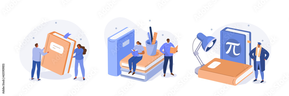 Education concept illustrations set. Students solving homework tasks ...