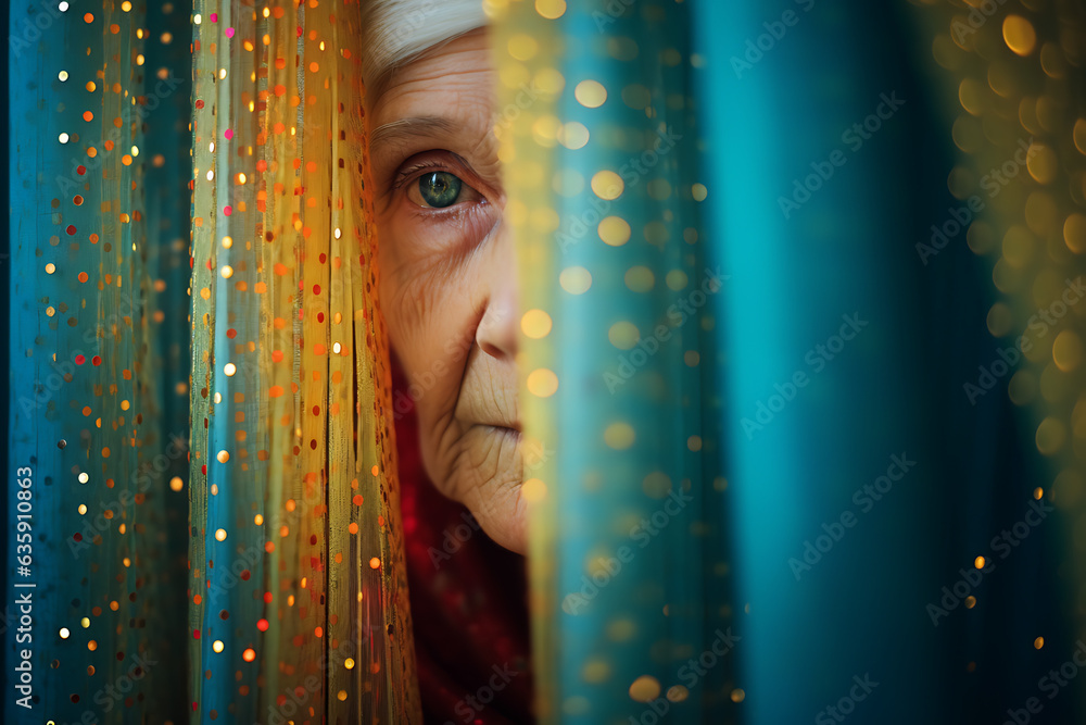 grandma Old lady with blue eyes looking at the camera from behind ...