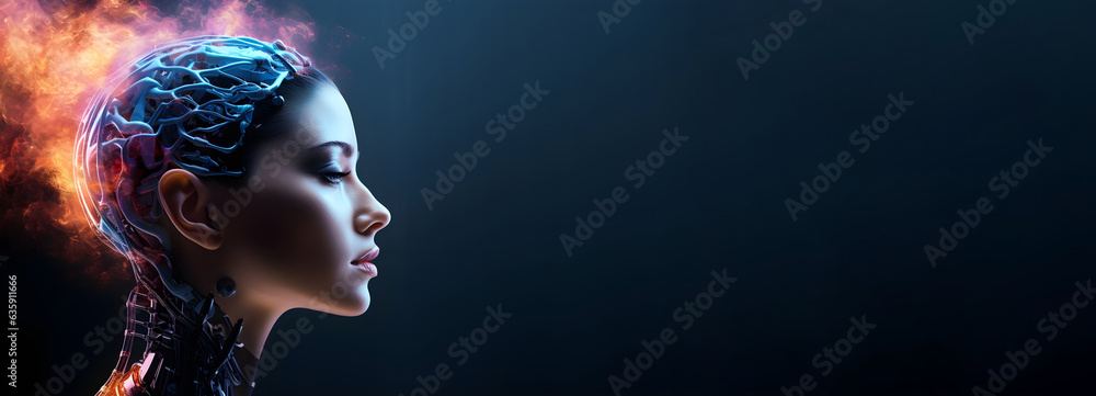 Side view of a humanoid female robotic head showing neural network ...