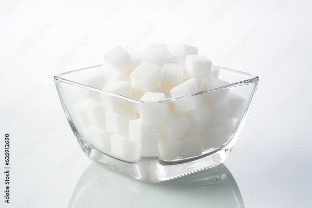 Extra big sugar cubes in glass bowl isolated on a simple background ...