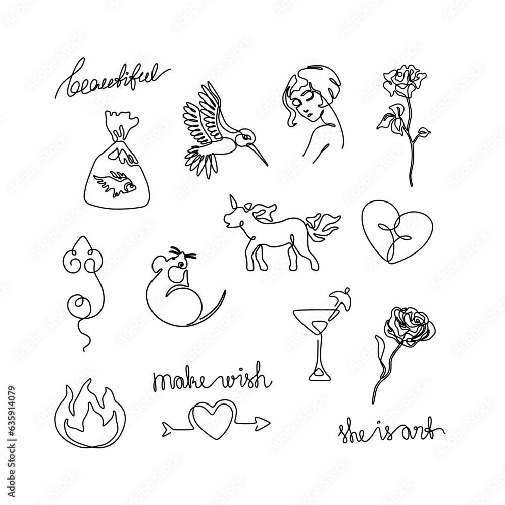Small flash tattoo set, sticker design pack, continuous line drawing ...