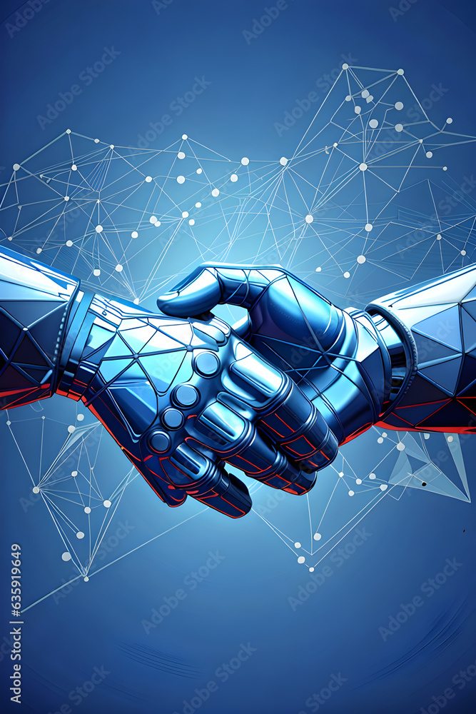 Digital handshake on blue technology background. Abstract two hands in ...