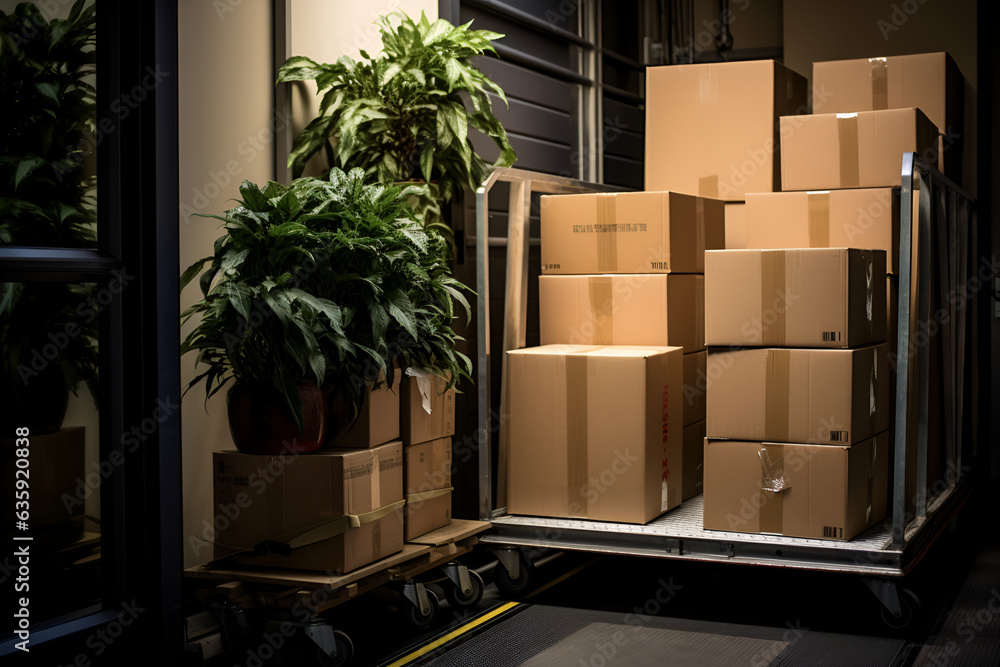 Cardboard boxes with household items and plants being loaded into a ...