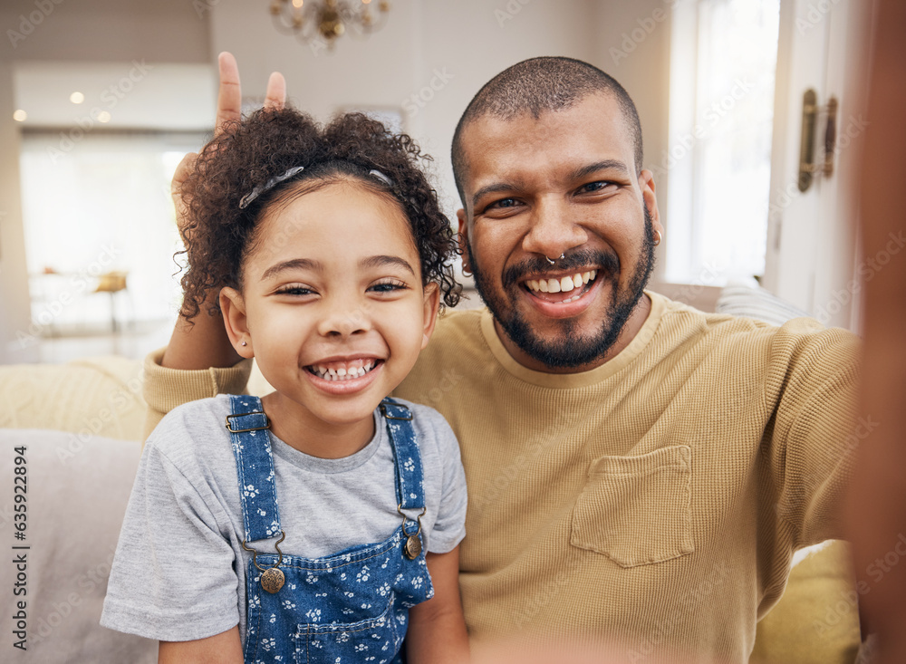Father, girl and selfie portrait in peace sign in home living room ...