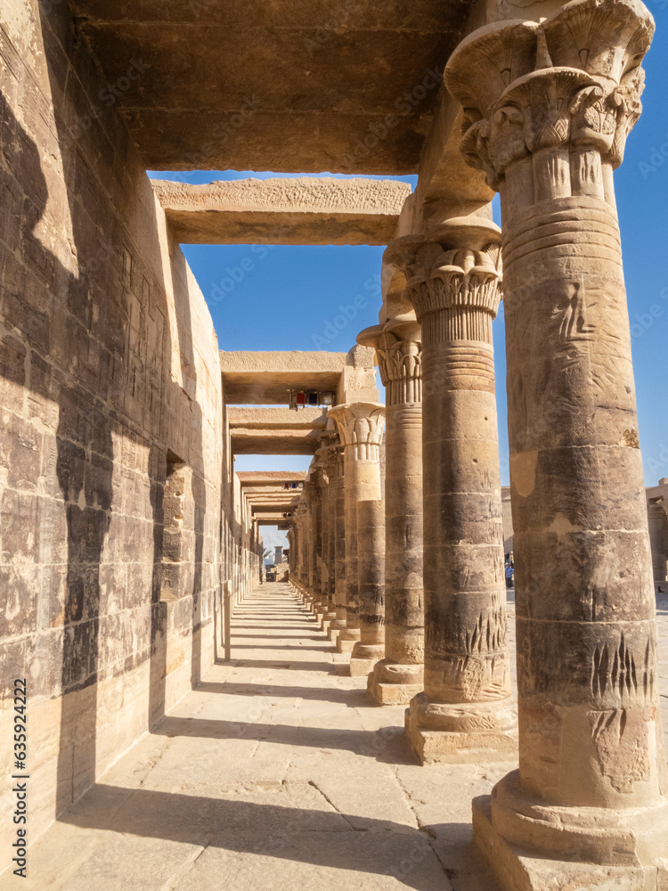 Columns at the Philae temple complex, The Temple of Isis, currently on ...