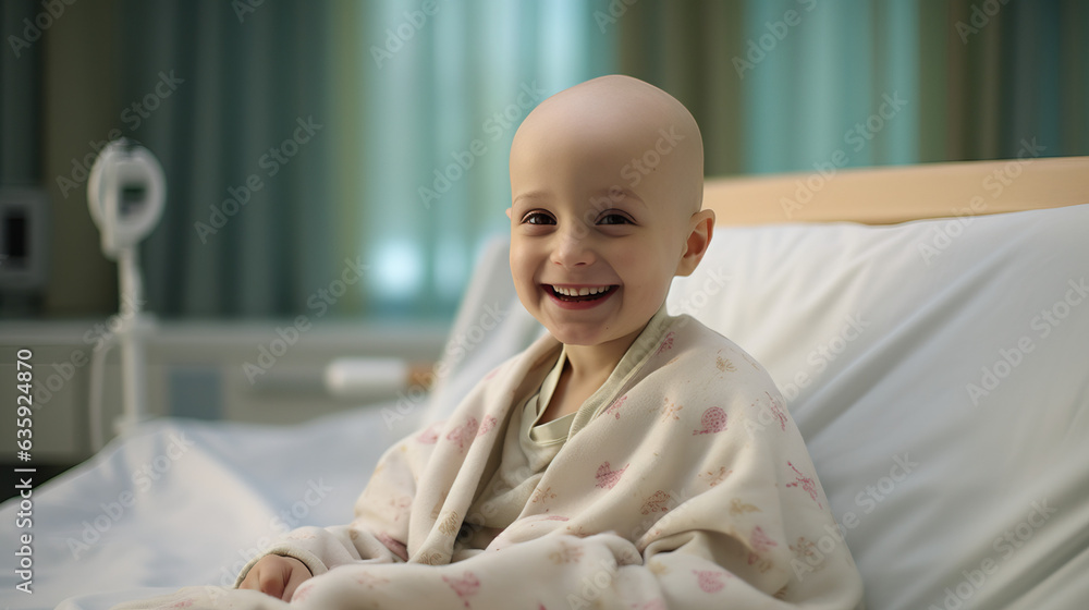 Young happy child with cancer in hospital bed bald. Happy and smiling ...